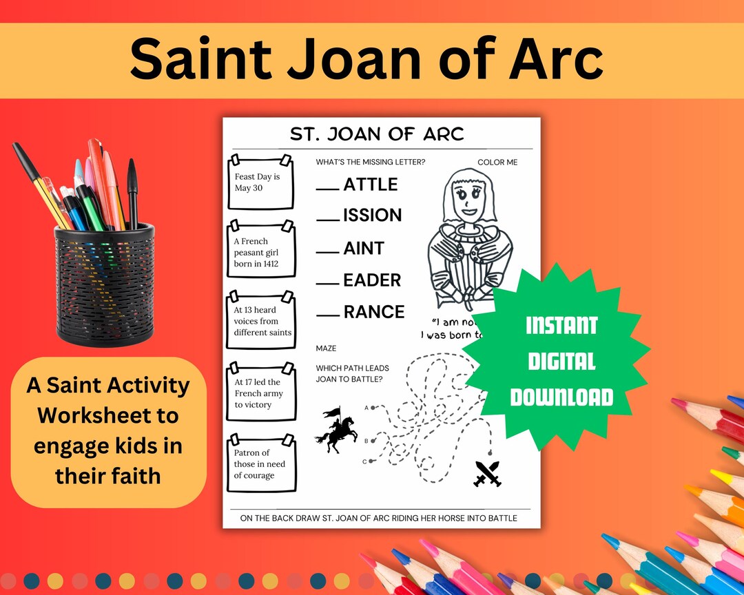 Joan of Arc Worksheet All Saints Day Activity Catholic Printable With ...