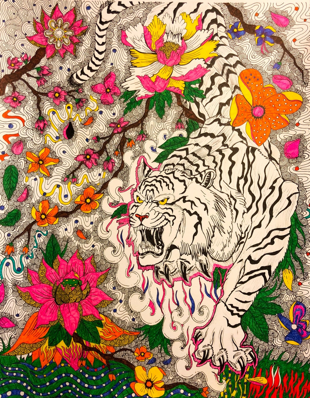 Handmade Pen and Ink Tiger & Snake Drawing flora - Etsy