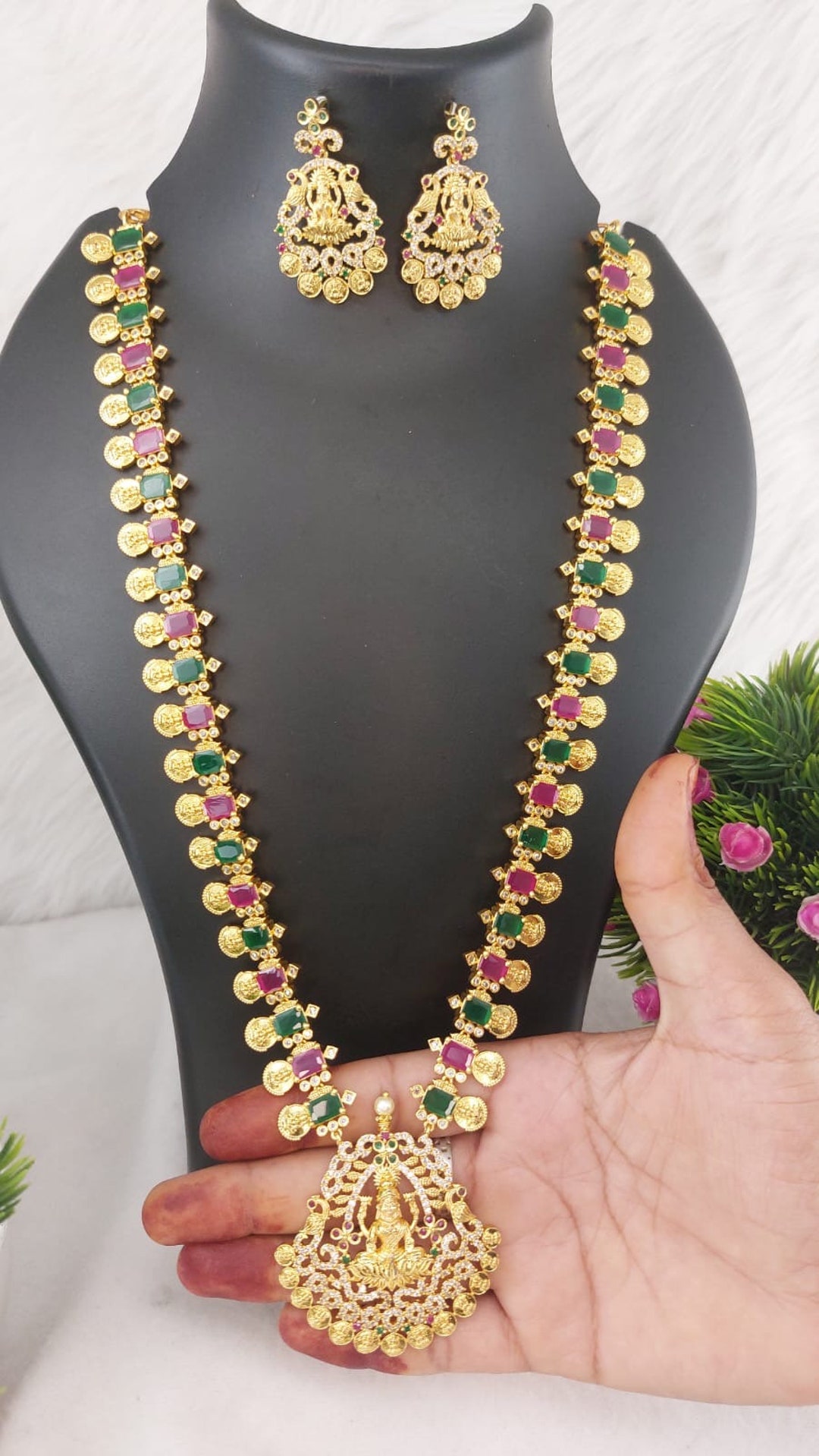 Ruby and Emerald Lakshmi Set/ Long Lakshmi Haram/matt Long Set/south ...