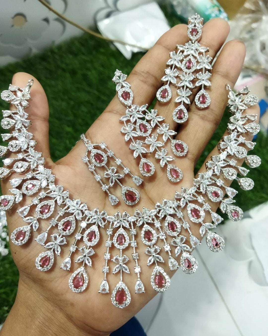 Ad Premium Silver Red Necklace Set/cz Necklace Set/asian Wedding ...