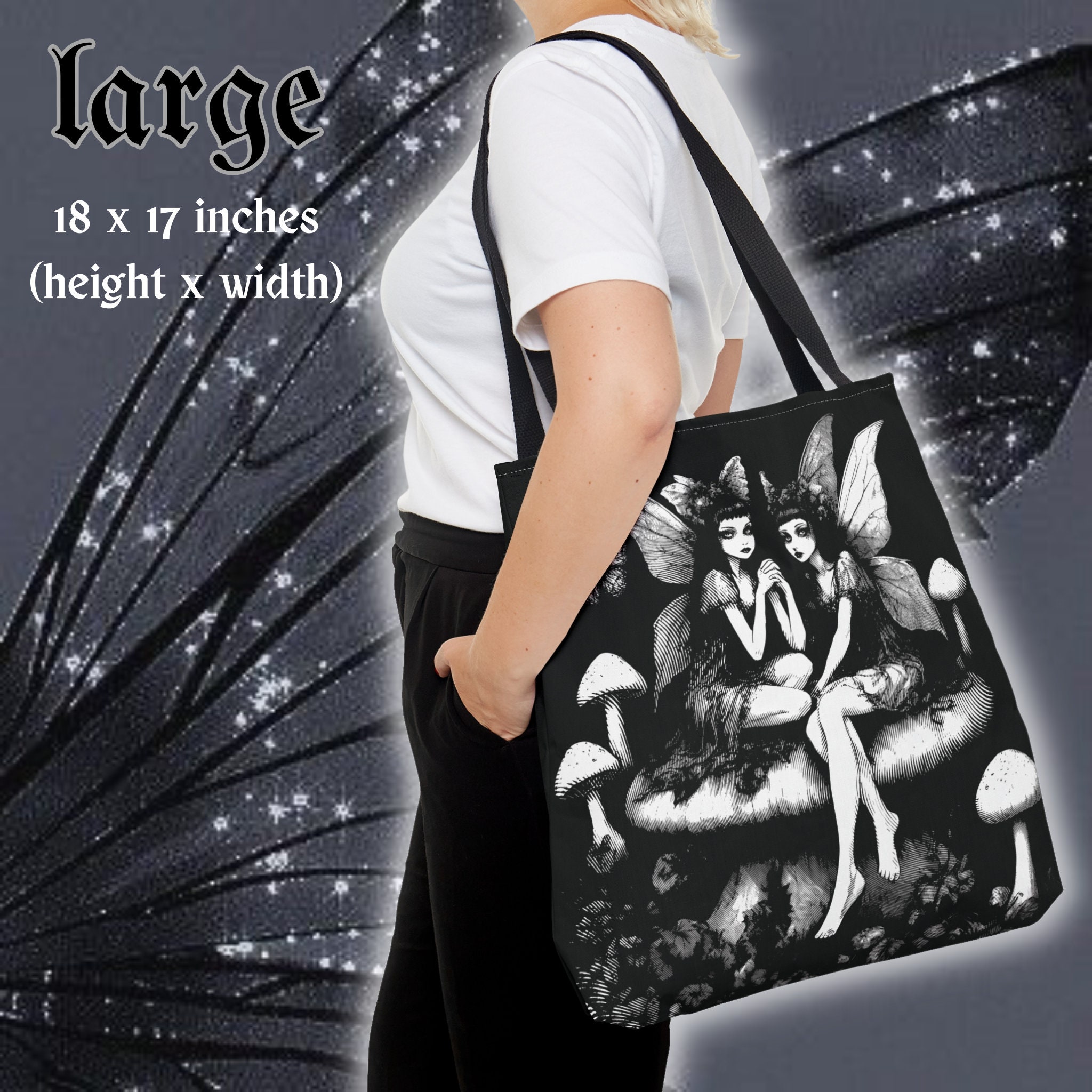 Gothic Dark Fairy Pixie Twins Girls Mushroom Black Lino Art Tote Bag Butterfly Wings Cottagecore ...