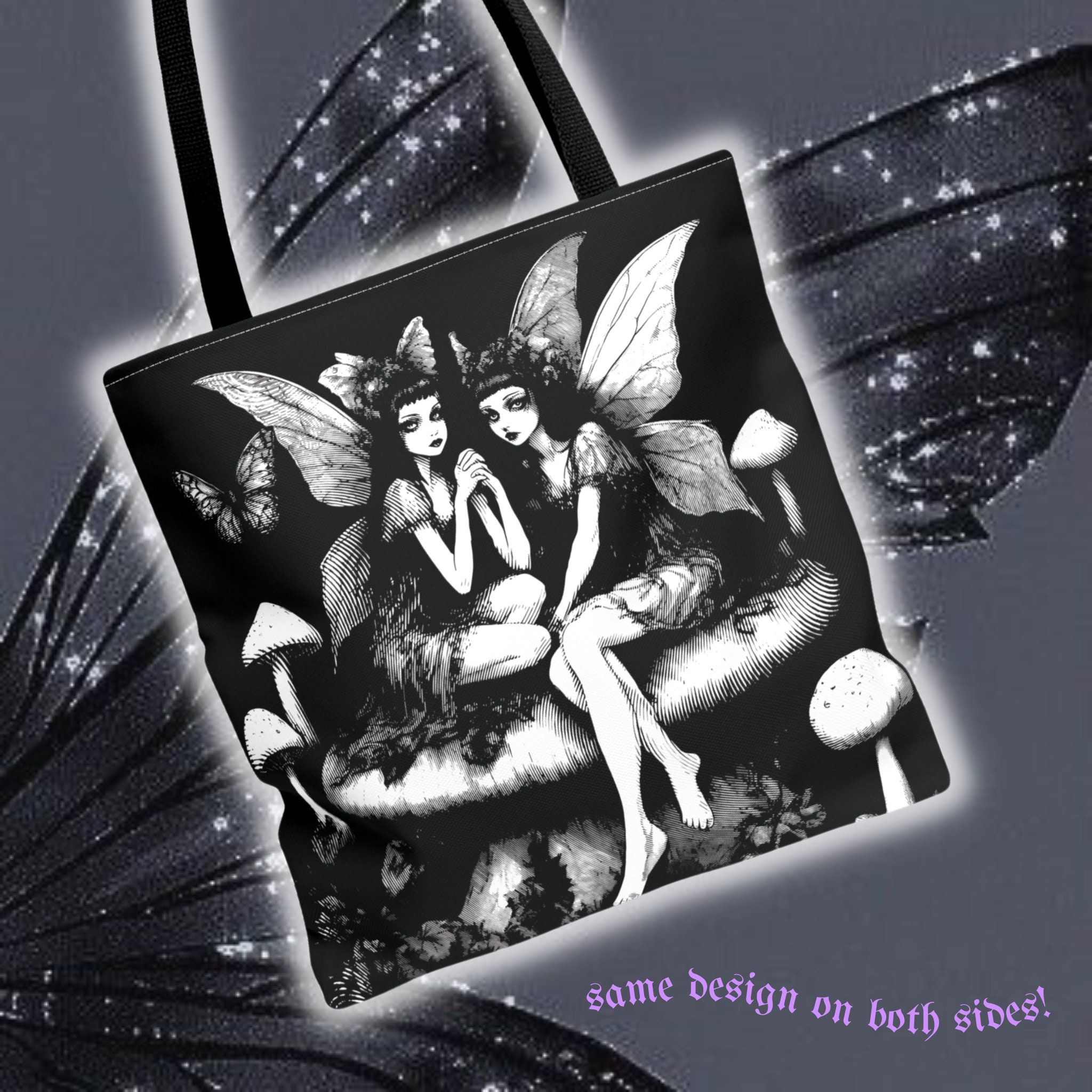 Gothic Dark Fairy Pixie Twins Girls Mushroom Black Lino Art Tote Bag Butterfly Wings Cottagecore ...