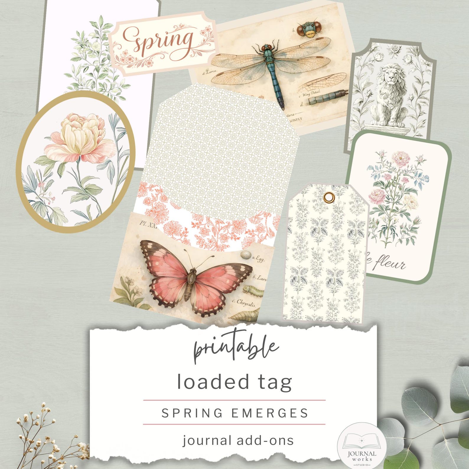 Spring Emerges Loaded Tag, Printable Digital Download, Botanical and ...