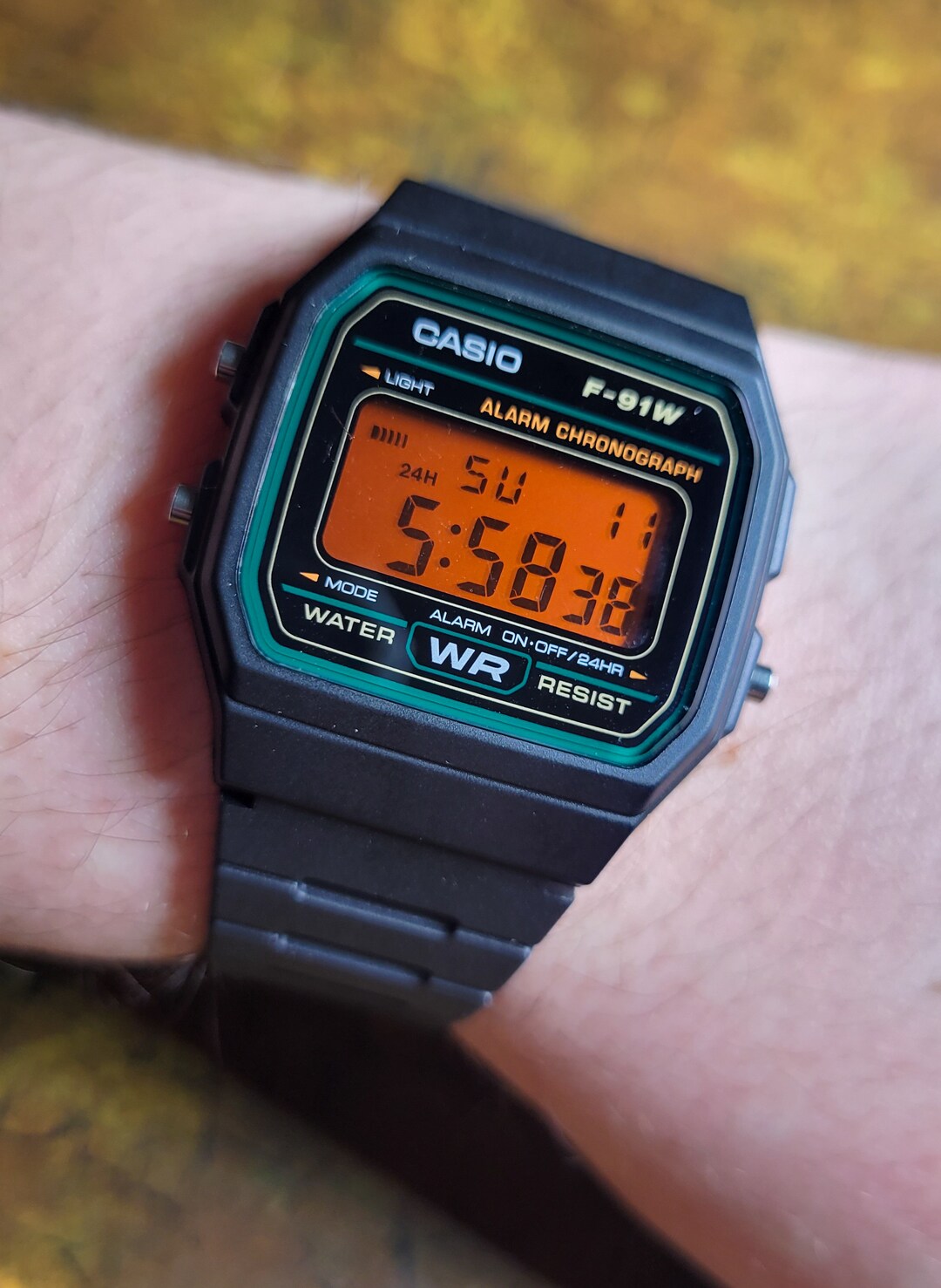 Mens Casio F91W Custom Mod With Orange Color Screen Mod Water Resistant ...