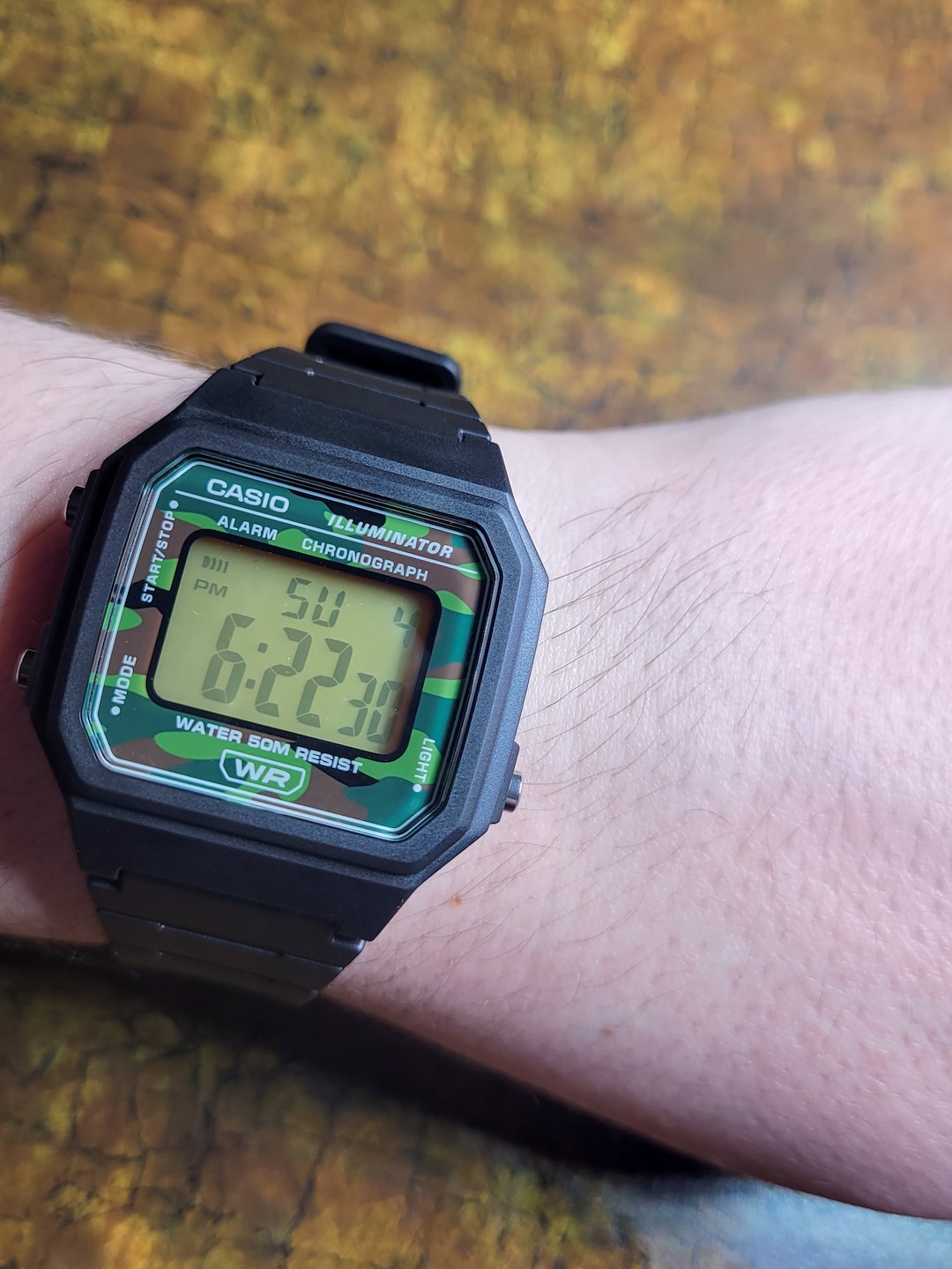 Mens Casio F91W Camo Custom Mod With Light Orange Color Screen Mod ...