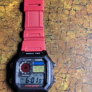 Mens Casio World Time AE-1200WH Custom Modified Red, Blue, and Yellow ...