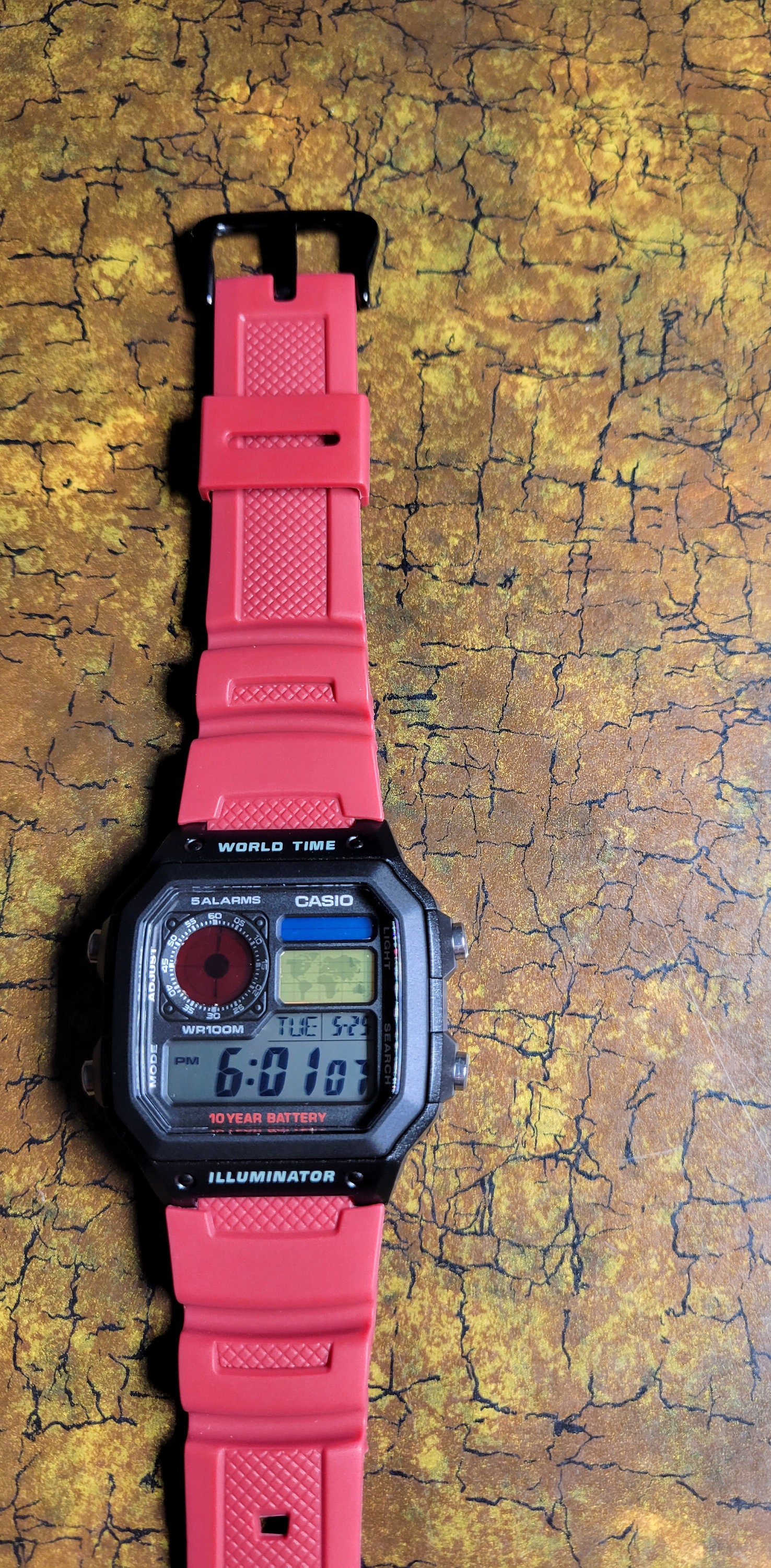 Mens Casio World Time AE-1200WH Custom Modified Red, Blue, and Yellow ...