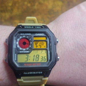 Mens Casio World Time AE-1200WH Custom Modified Travel Orange Red and ...