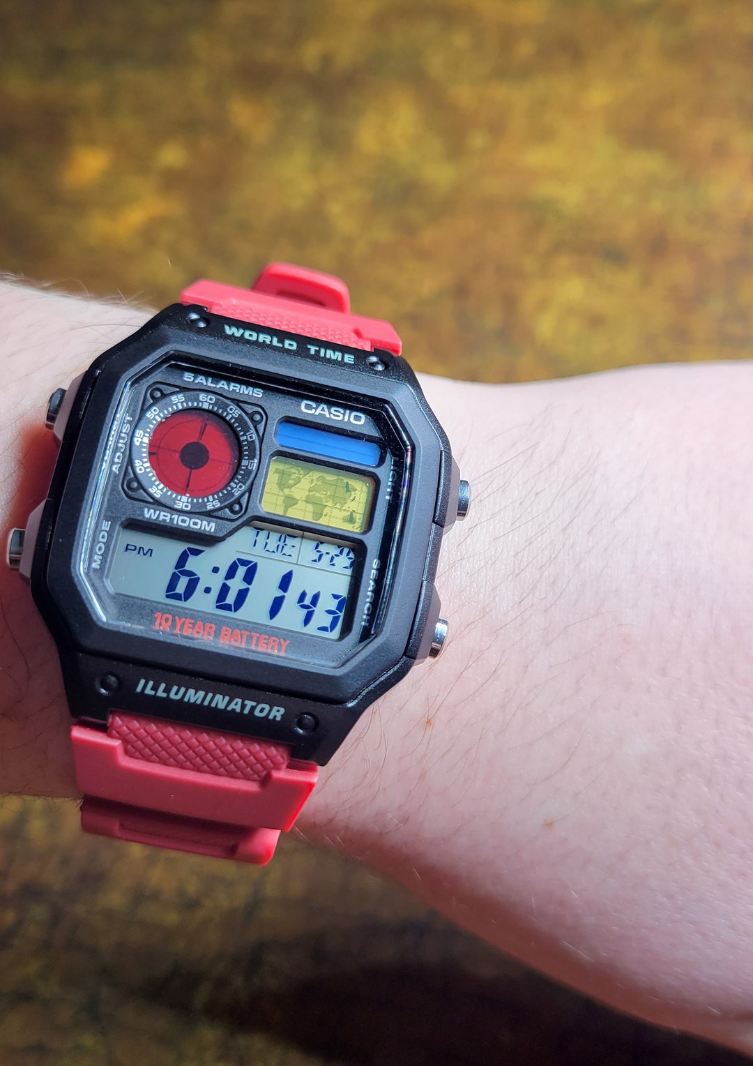 Mens Casio World Time AE-1200WH Custom Modified Red, Blue, and Yellow ...