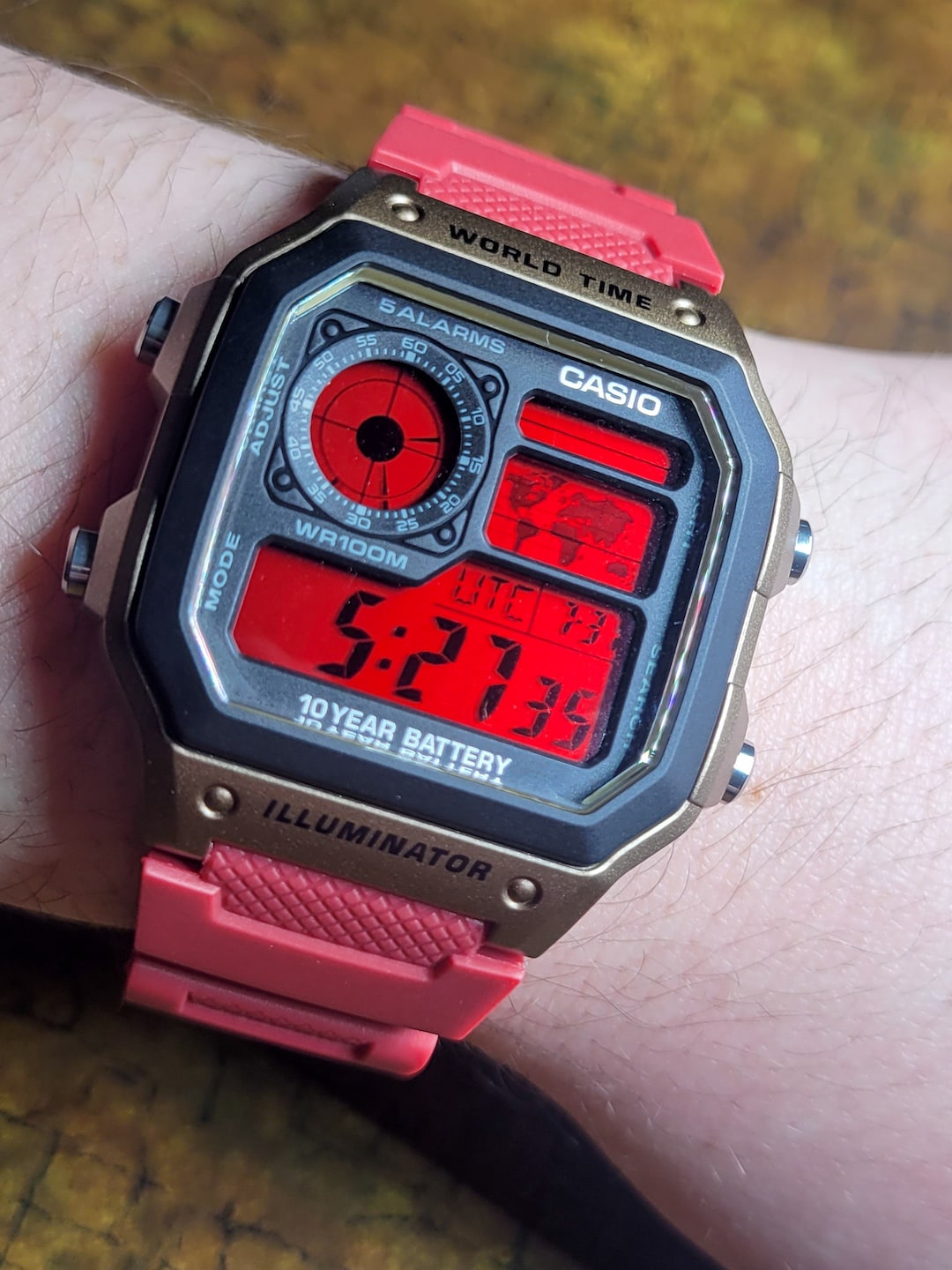 Mens Casio World Time AE-1200WH Custom Modified Red Color Screen Mod ...