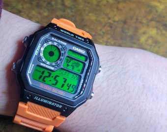 Mens Casio World Time AE-1200WH Custom Modified Travel Orange Color ...