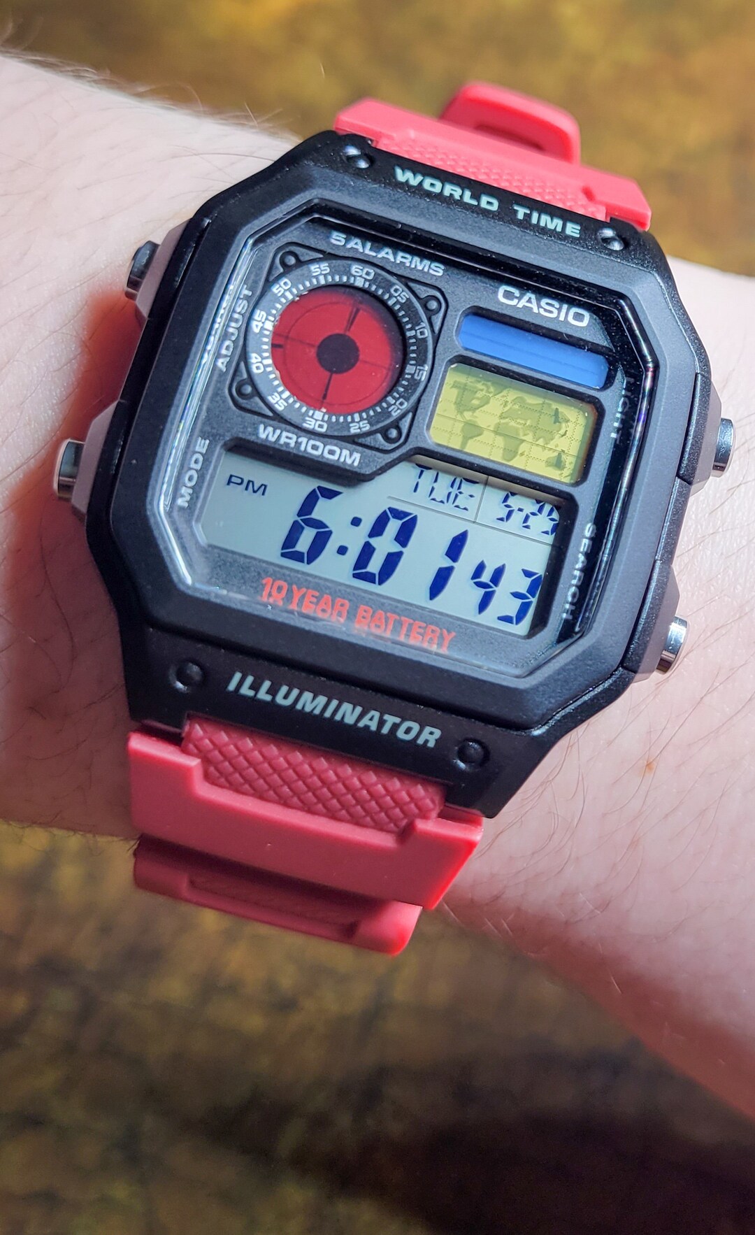 Mens Casio World Time AE-1200WH Custom Modified Red, Blue, and Yellow ...