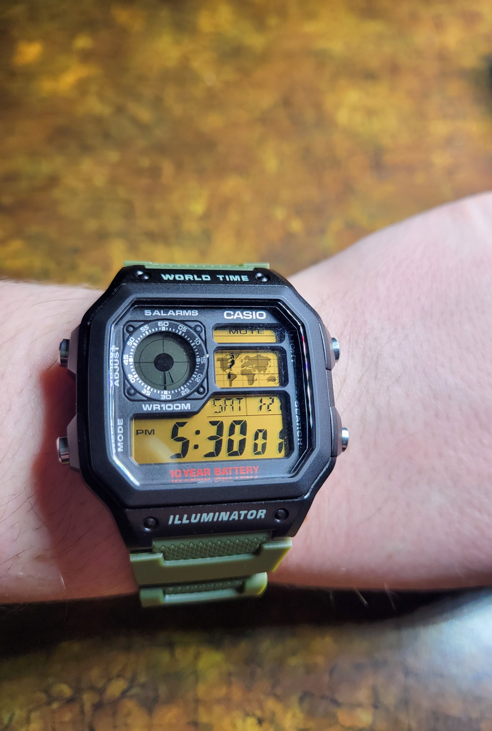 Mens Casio World Time AE-1200WH Custom Modified Color Screen Mod With Green Strap Water ...