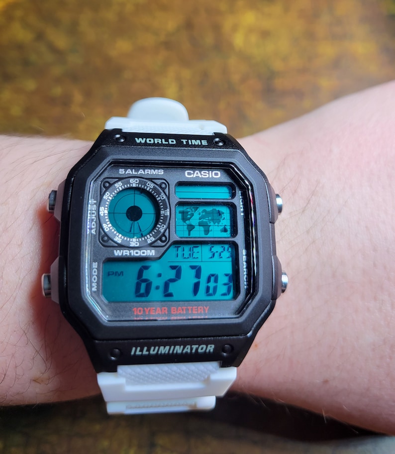 Mens Casio World Time AE-1200WH Custom Modified Blue Color Screen Mod With White Strap Water ...