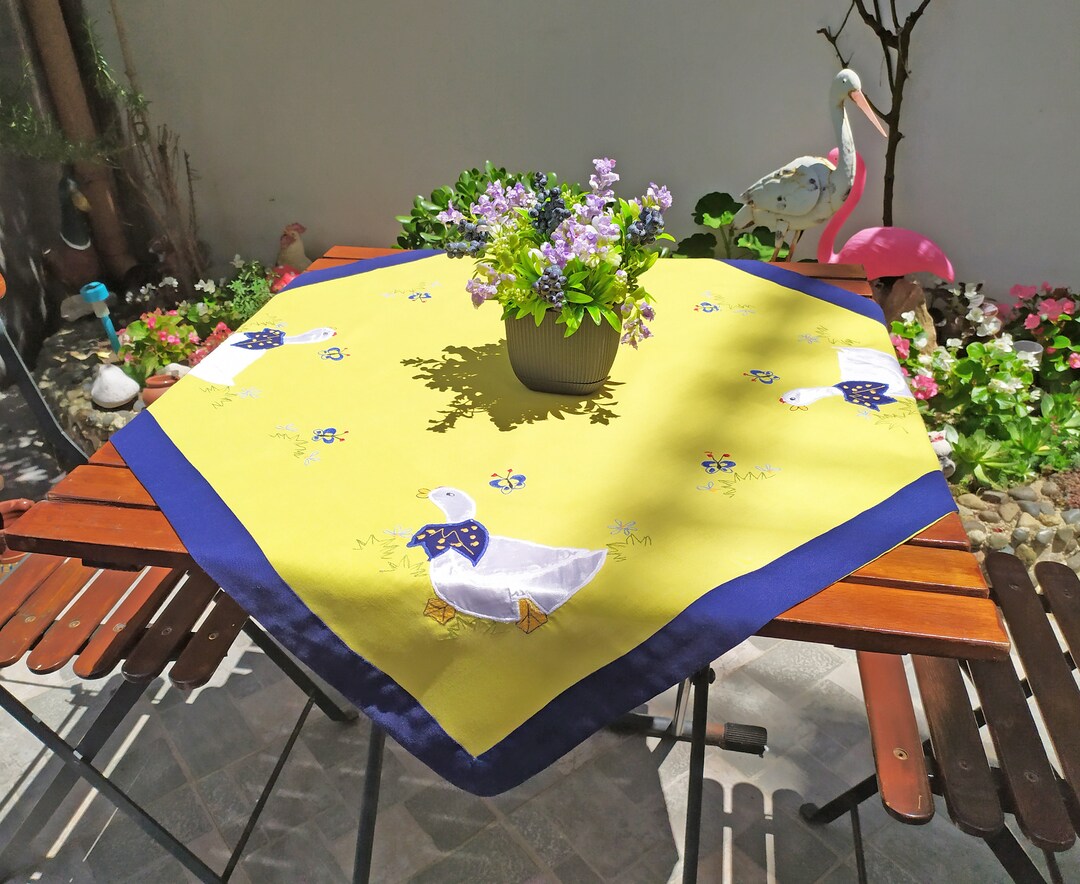 Square Yellow Tablecloth With Ducks and Flowers Vintage Tablecloth for ...