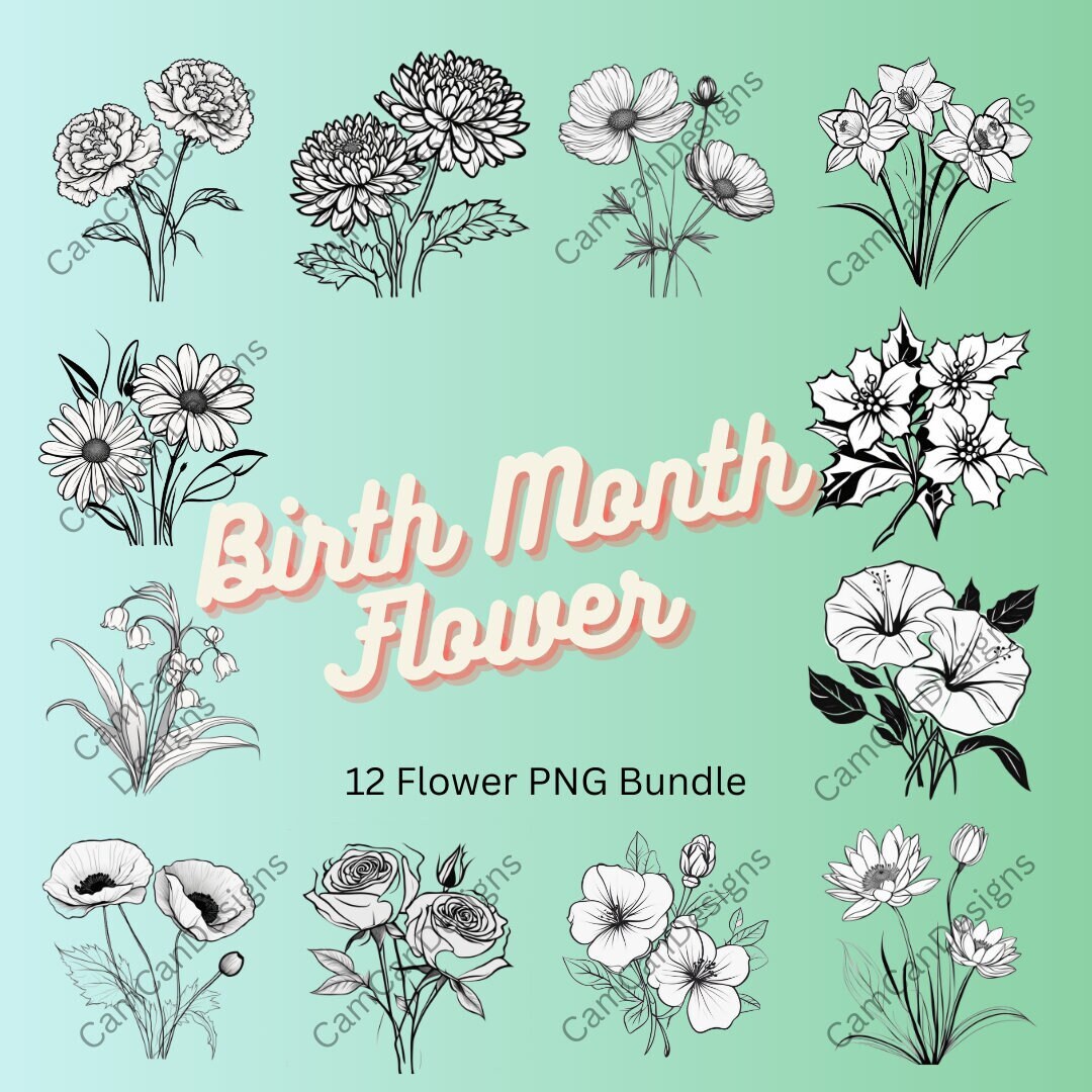 Birth Month Flower PNG Bundle, Birth Month Flower, Flower Svg, Floral ...