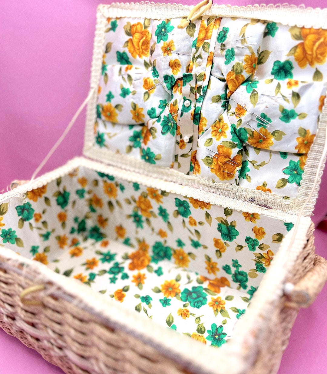 Adorable Handmade Wicker and Floral Sewing Box Sewing Supplies Vintage ...