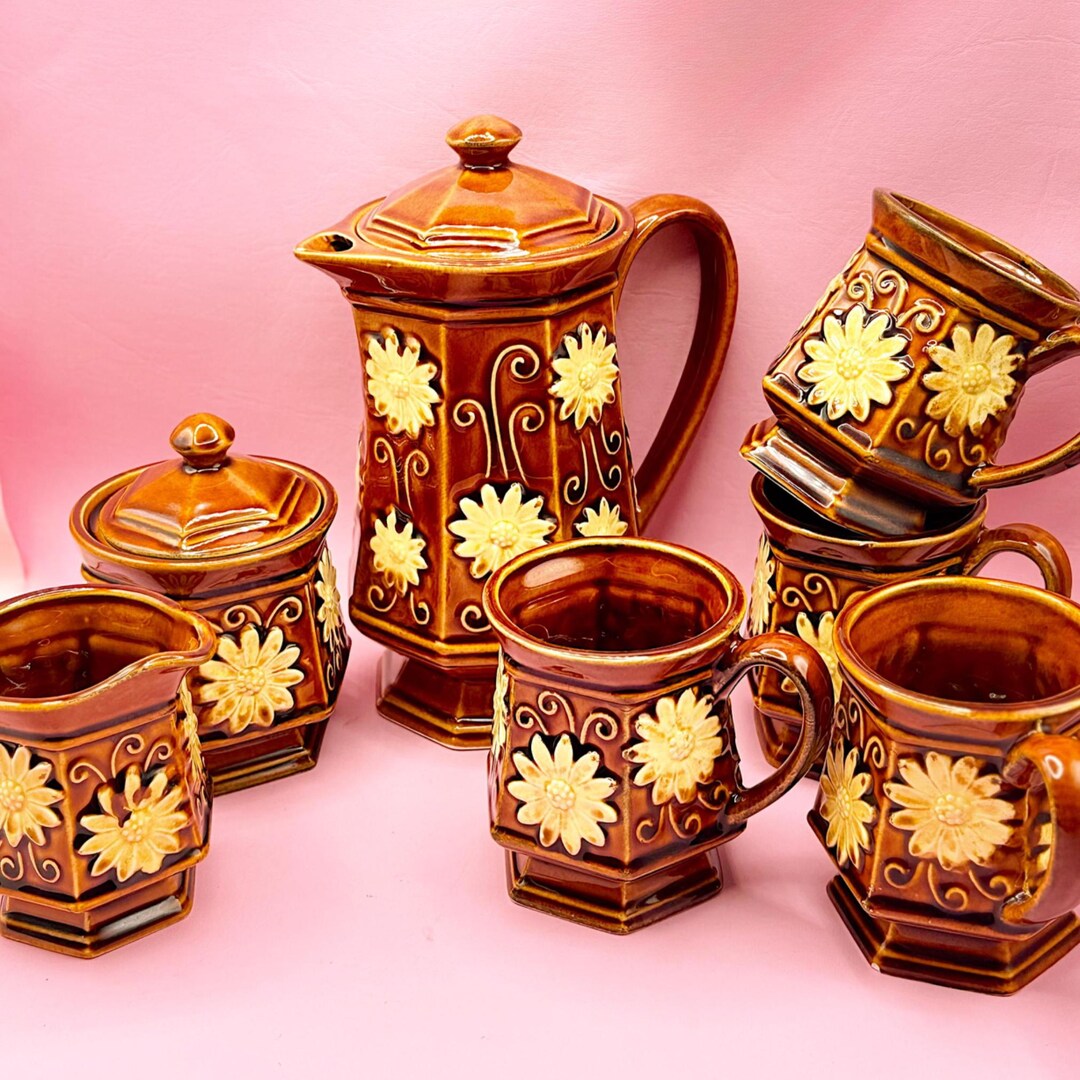 Vintage Inarco 1970s Floral Tea Set, Brown and Yellow Daisy Design - Etsy