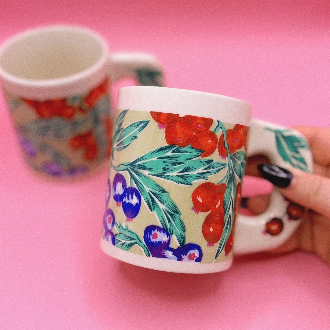 Vintage Fruit Mugs Set of 2 Cherry Blueberry Kitschy Fruit Mug ...