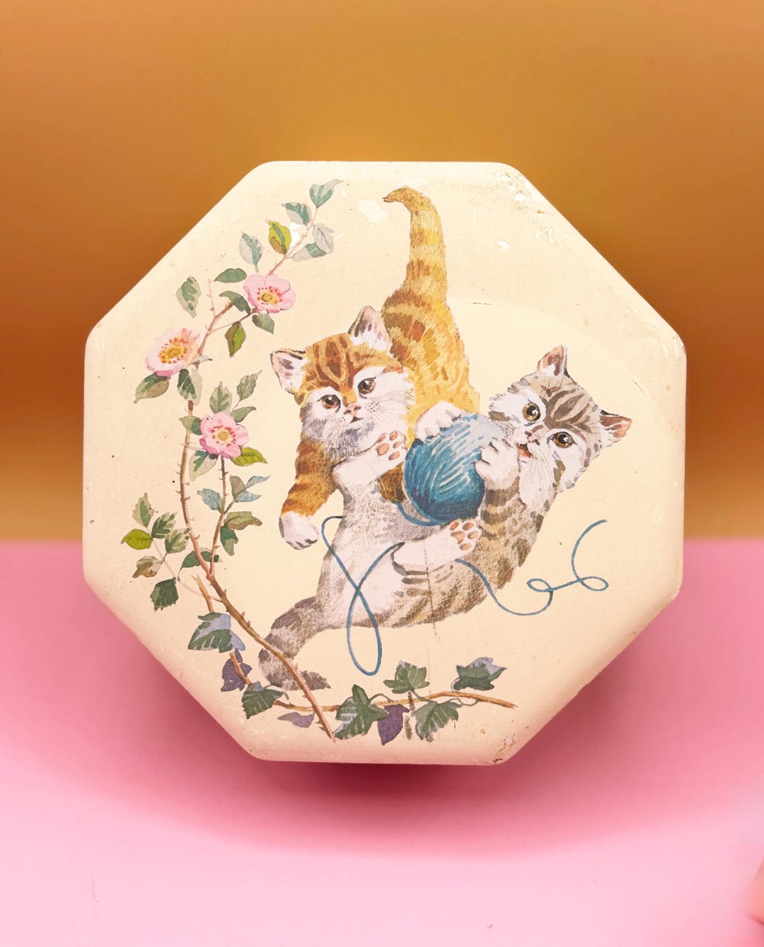 Vintage Tabby Cat Yarn Ball Roses Cream Octagon Tin Box, Antique Metal ...