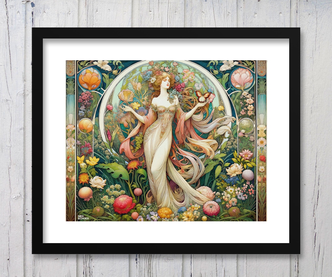 Flora Mythology Art Print, Flora and Butterfly, Art Nouveau, Flower ...