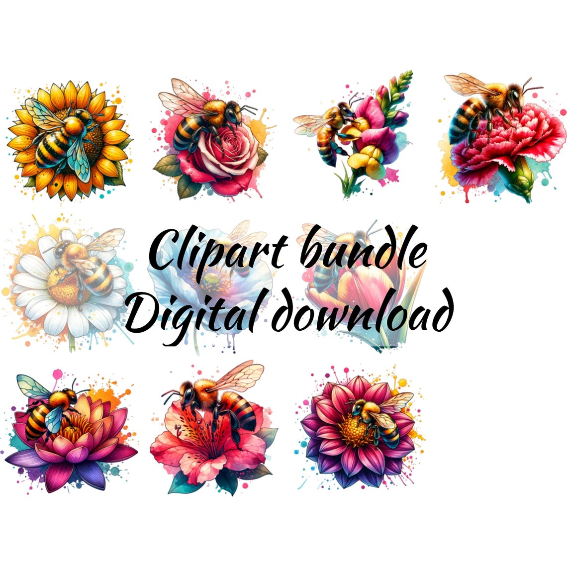 Bee on Flowers Clipart Bundle, Cute Bees on Flower PNG Clipart Bundle ...