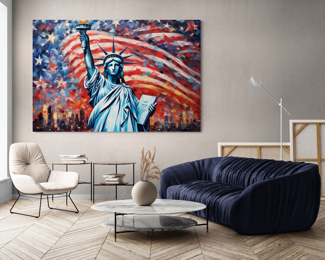 Statue of Liberty Canvas Poster Print Oil Painting Usa Flag Background ...