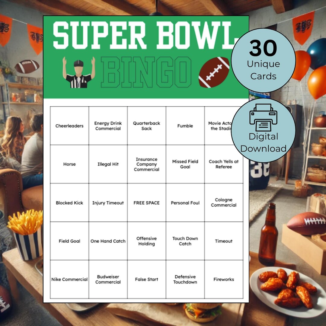 Superbowl Printables, Super Bowl Bingo, Super Bowl Party Activity ...