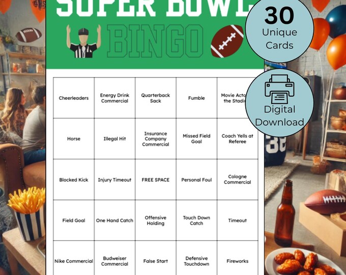 Superbowl Printables, Super Bowl Bingo, Super Bowl Party Activity ...