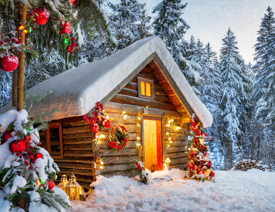 Christmas Cabin Digital Download for Holiday Cards, Postcards, Printing ...