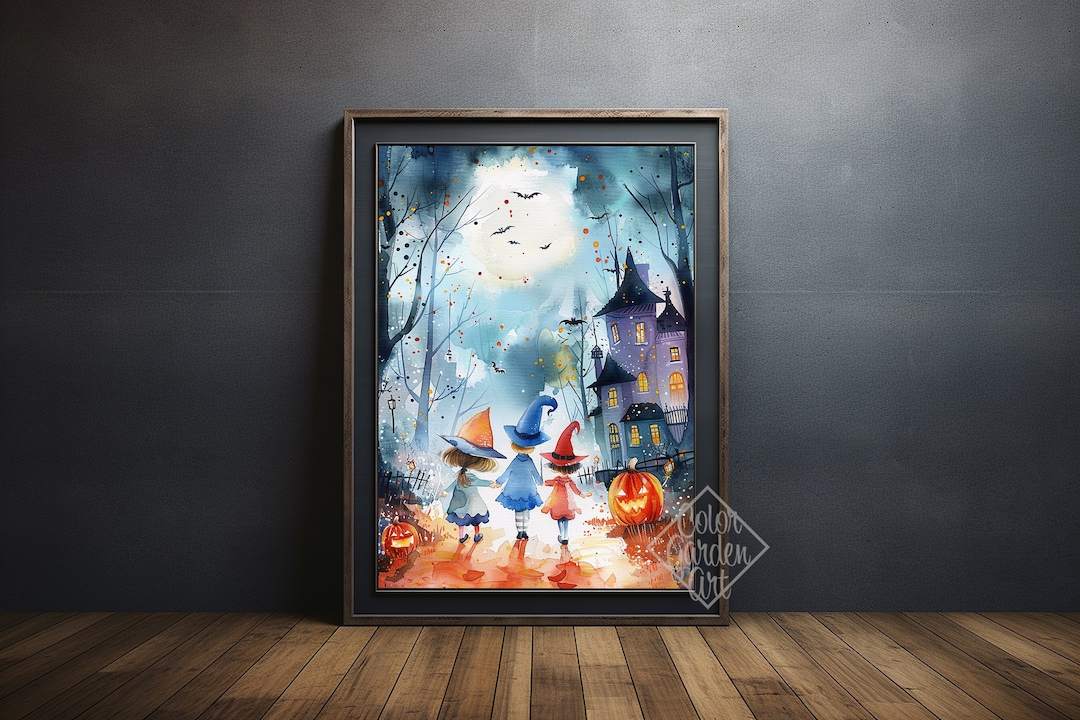 Three Cute Little Witch Trick-or-treaters Watercolor Printable Wall Art ...