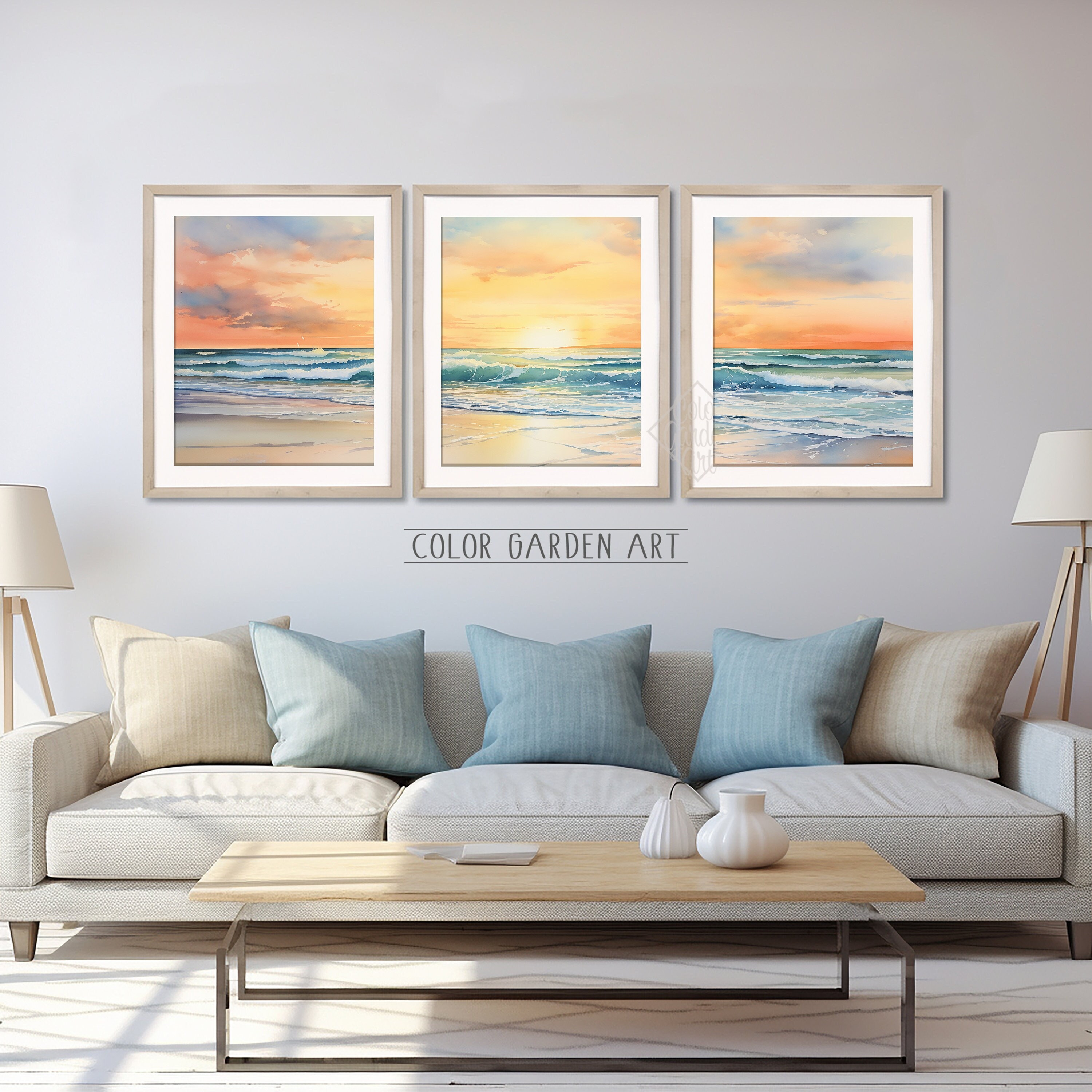 Set of 3 Sunset Beach Watercolor Printable Wall Art INSTANT DIGITAL ...