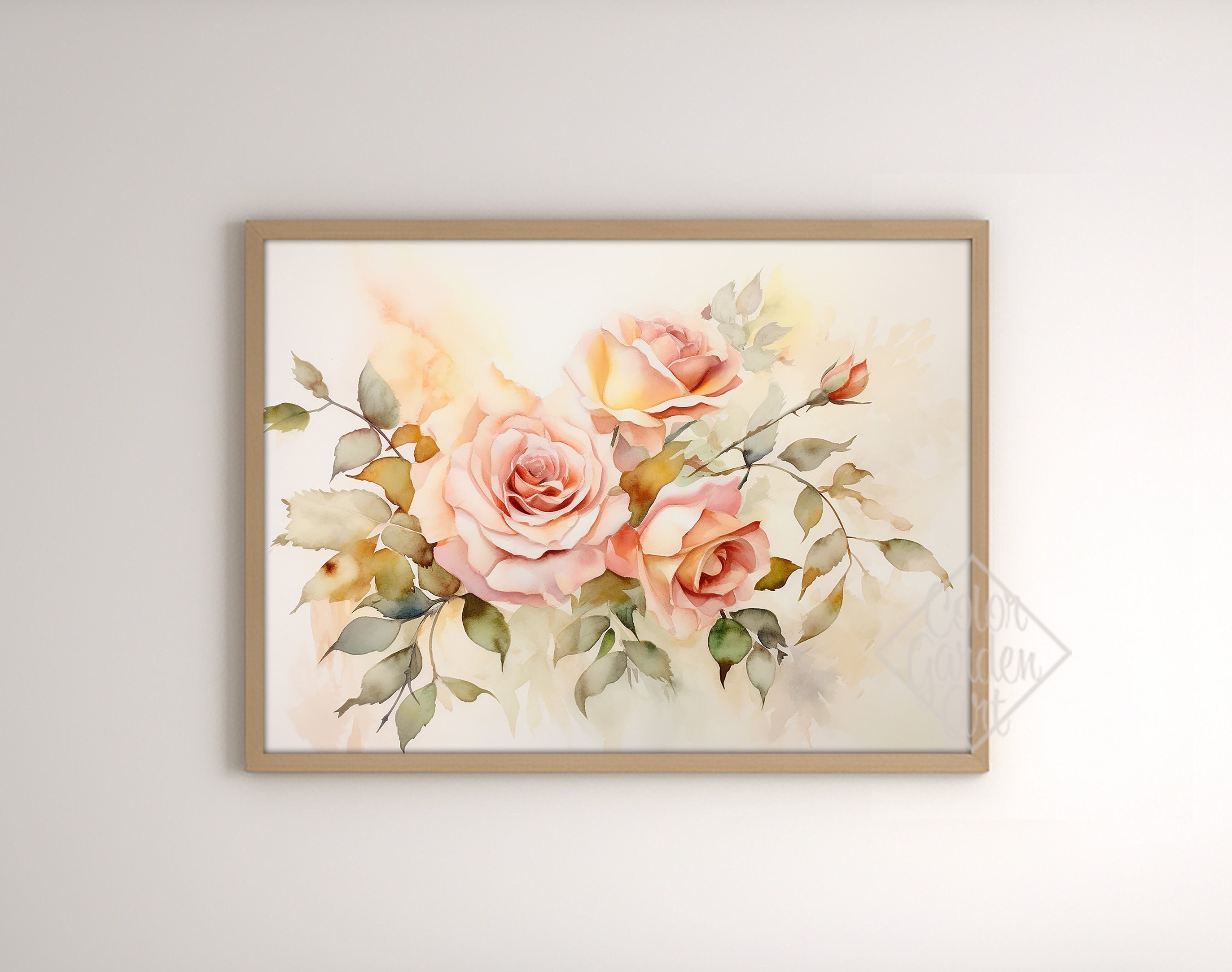 Pink/peach Roses Watercolor Printable Wall Art INSTANT DIGITAL DOWNLOAD ...