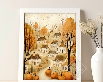 Cute Primitive Town Printable Art Whimsical Village Charming Folk Art ...