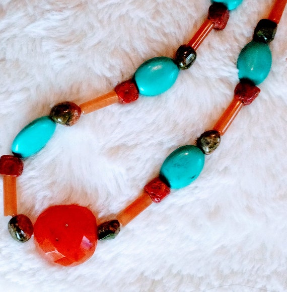 Painted Glass Tribal + Turquoise Coral Crystal Stones… - Gem
