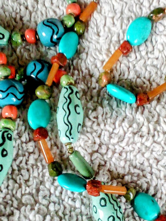 Painted Glass Tribal + Turquoise Coral Crystal Stones… - Gem