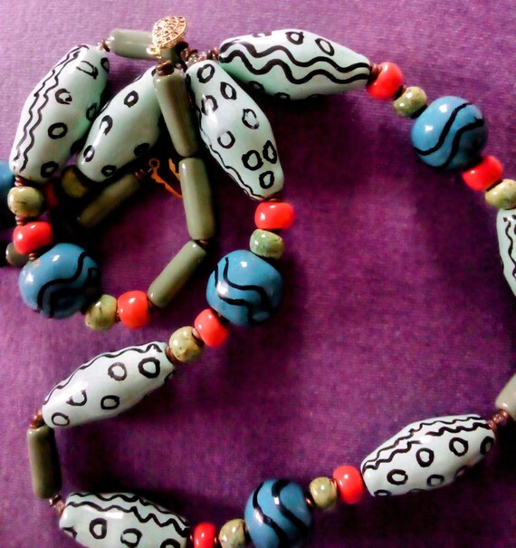 Painted Glass Tribal + Turquoise Coral Crystal Stones… - Gem