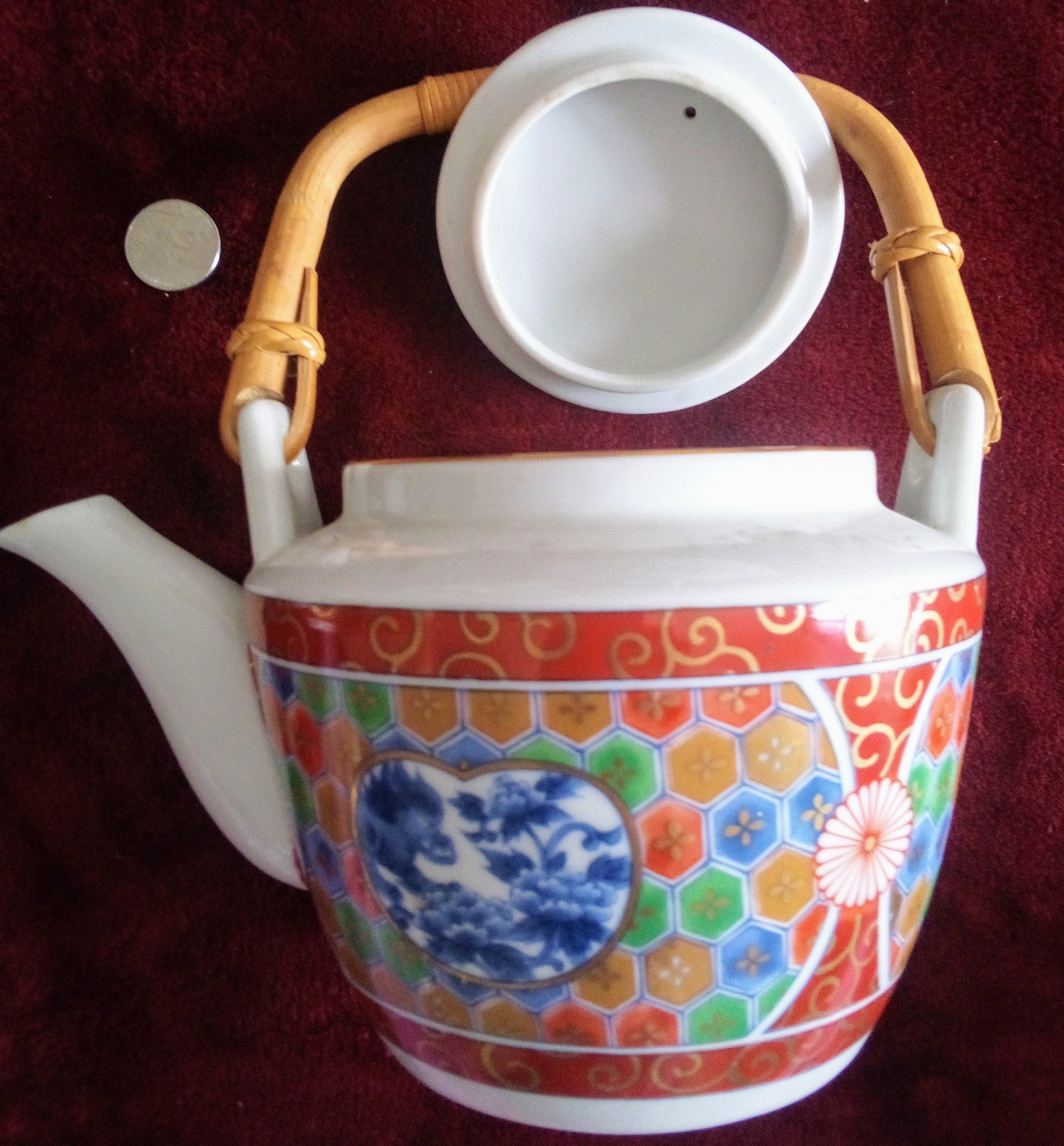 Dragon Floral Motif Bamboo Handle Tea Pot Japanese Ceramic 1970 's VTG ...
