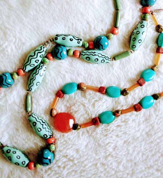 Painted Glass Tribal + Turquoise Coral Crystal Stones… - Gem