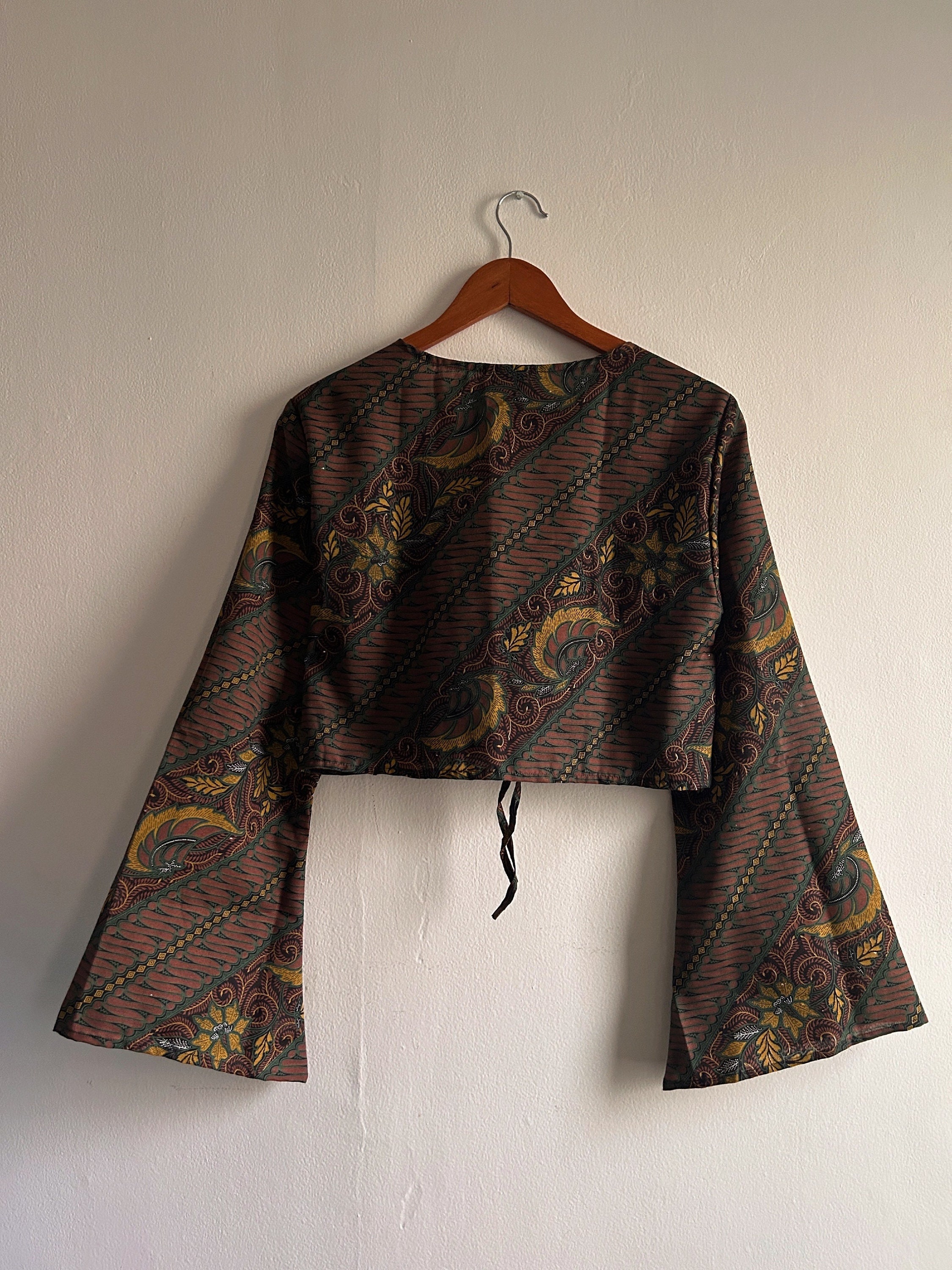 Indonesian Batik Tie Front Crop Top (flare Sleeve), One of a Kind ...