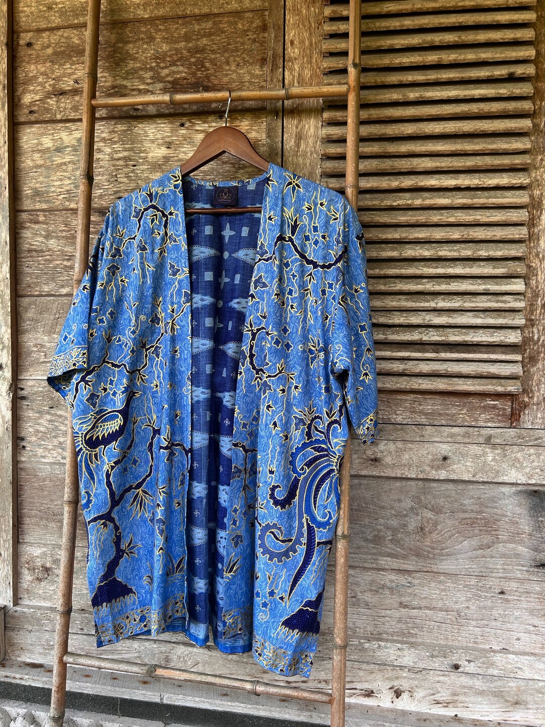 Oversized Sky Blue Indonesian Batik Outerwear Kimono Jacket with Gold ...