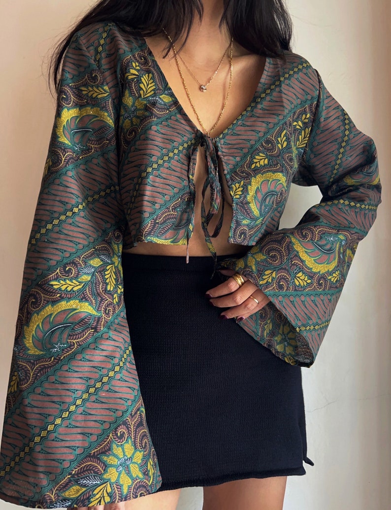 Indonesian Batik Tie Front Crop Top (flare Sleeve), One of a Kind ...