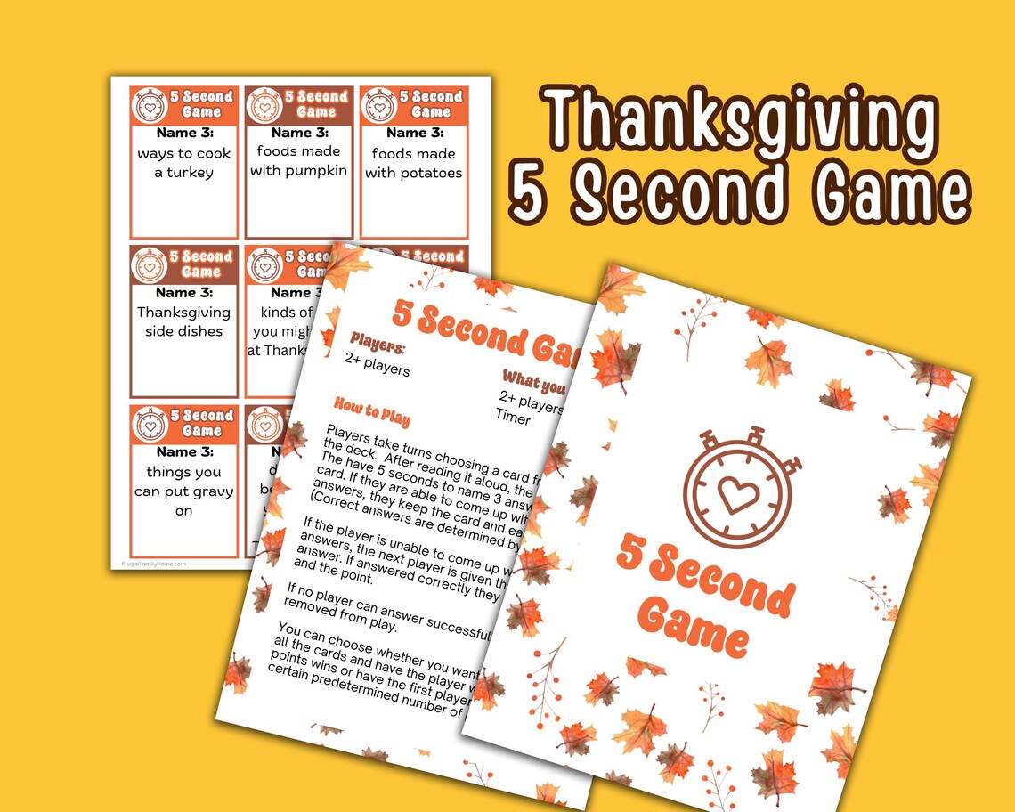 Thanksgiving 5 Second Game | Interactive Printable Game for Family Fun ...