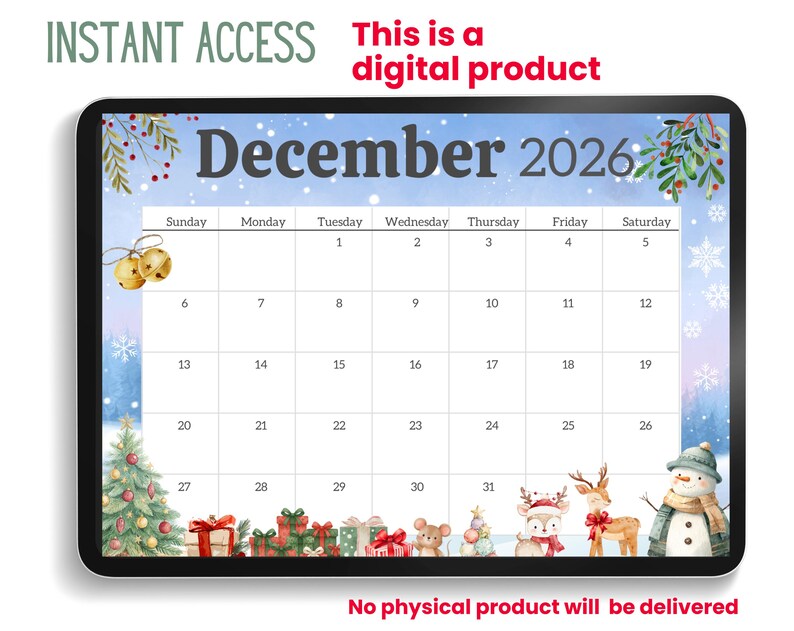 December 2026 Calendar: Printable Editable Holiday Planner, Monthly ...