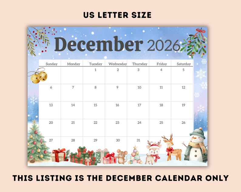 December 2026 Calendar: Printable Editable Holiday Planner, Monthly ...