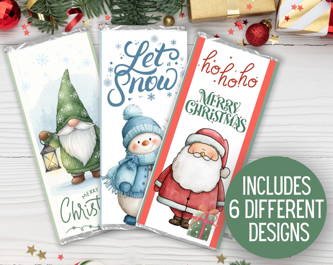 6 Christmas Candy Bar Wrappers, Printable Chocolate Labels, Holiday ...