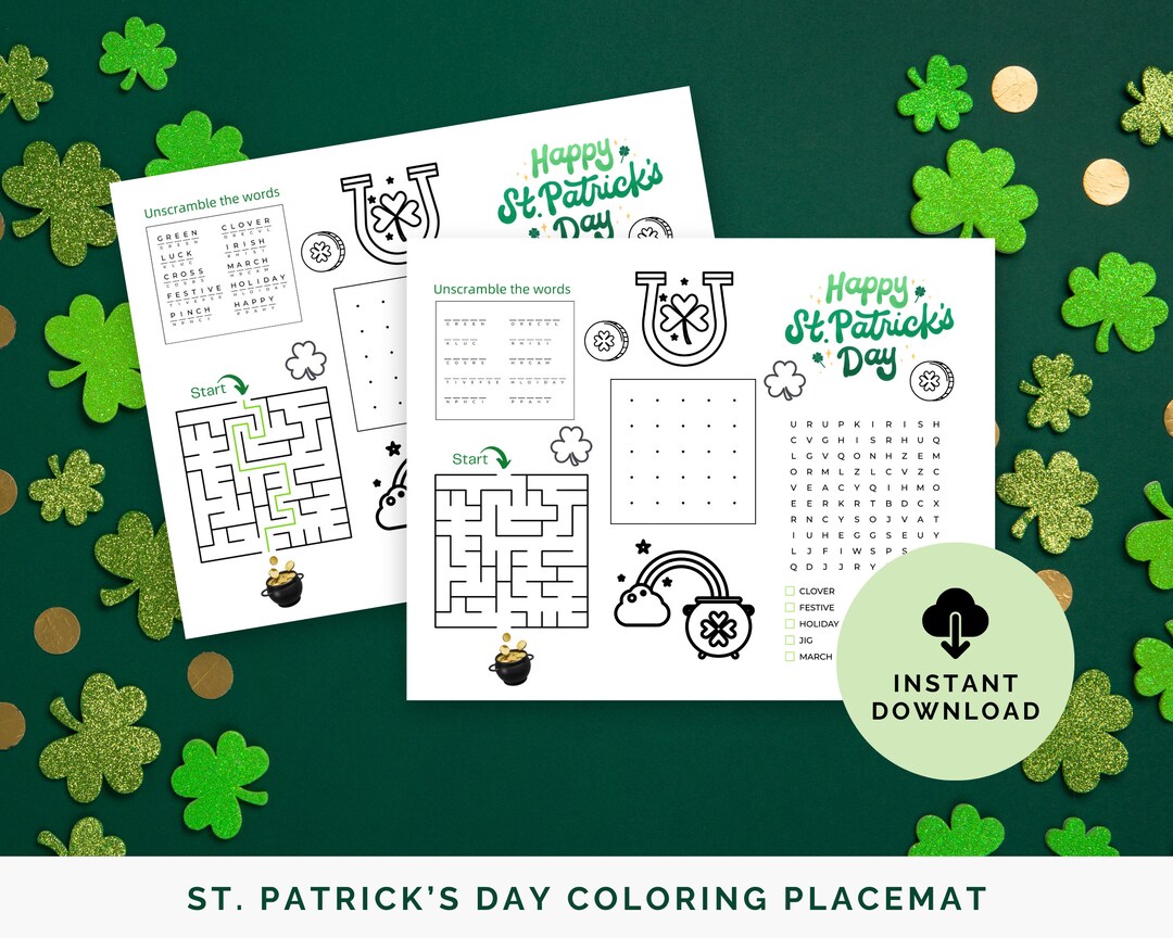 St. Patrick's Day Coloring Placemat | Kids Activity Sheet | Fun Games ...