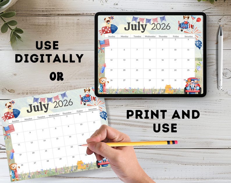July 2026 Editable Calendar, Digital Monthly Planner for Home, School ...