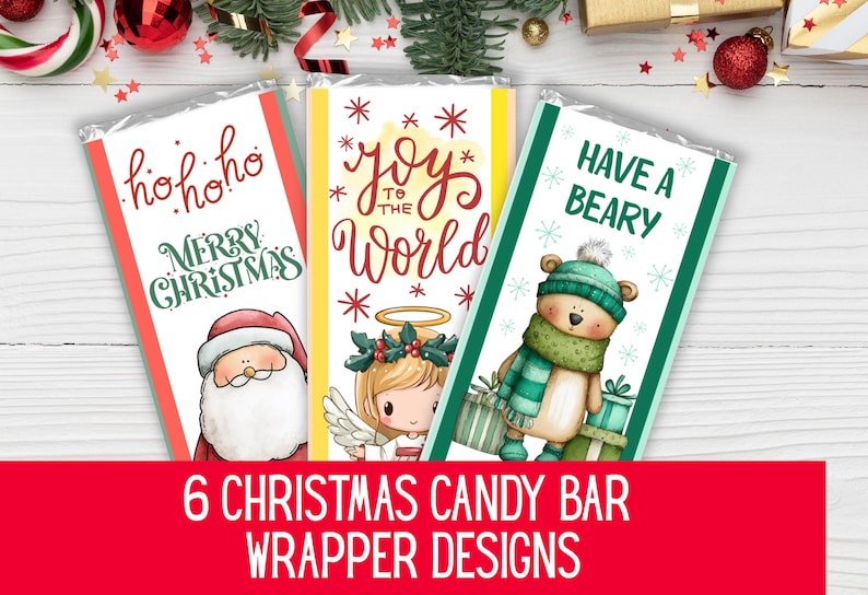 6 Christmas Candy Bar Wrappers, Printable Chocolate Labels, Holiday ...