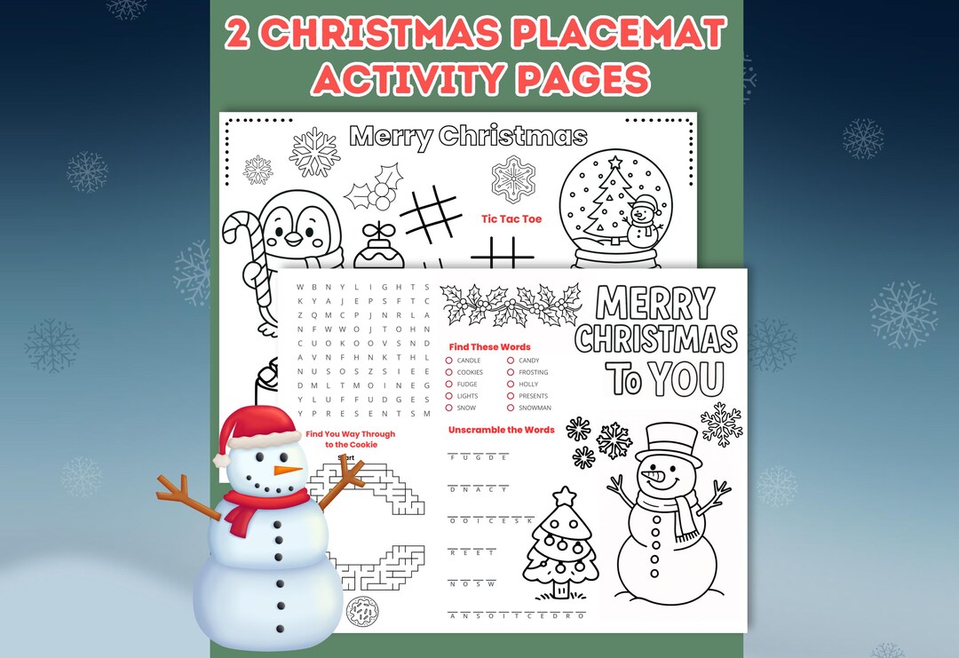 Christmas Activity Placemat, Fun Printable for Kids, Holiday Coloring ...